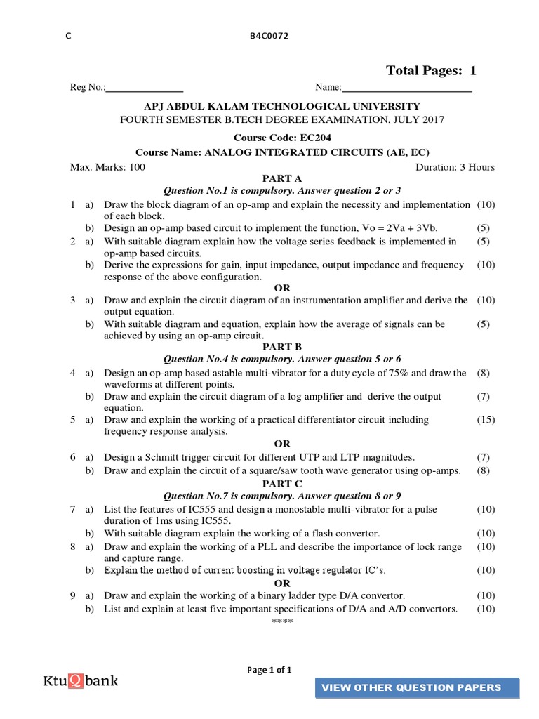 Analog Integrated Circuits EC S4 B.Tech KTU 2017 | PDF | Operational Amplifier | Electronic Circuits