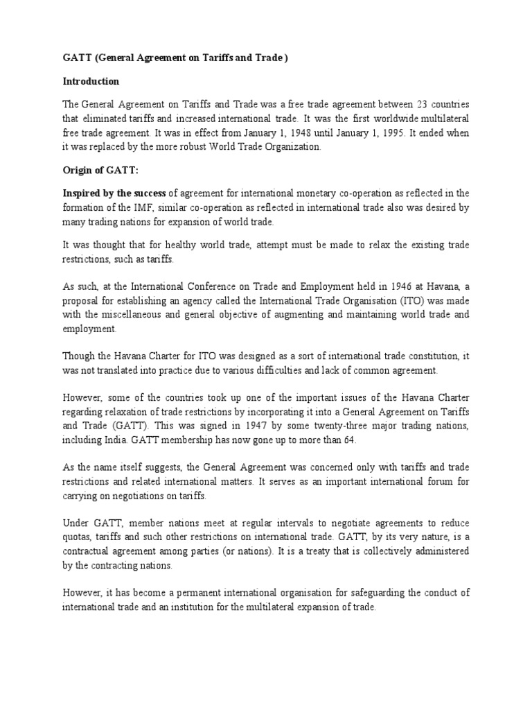 GATT (General Agreement On Tariffs and Trade) | PDF | General Agreement ...
