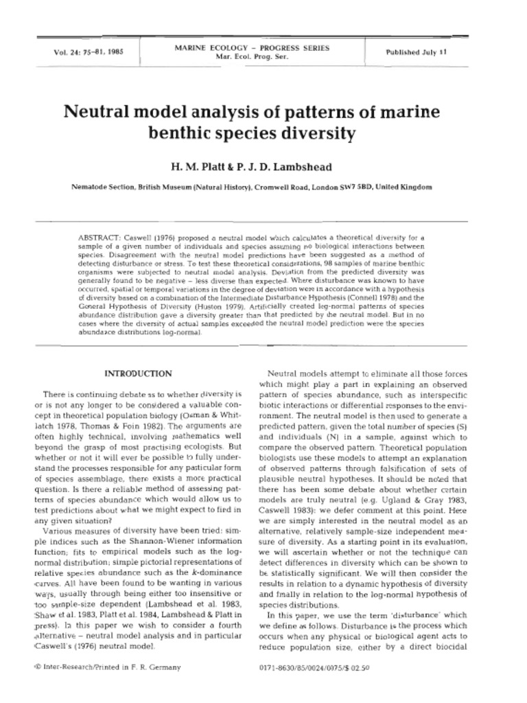 Neutral Model Analysis Patterns Marine Benthic Species Diversity | PDF ...
