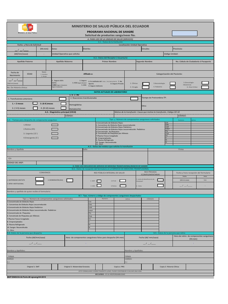 Formulario 008 MSP | PDF | Transfusión de sangre | Sangre