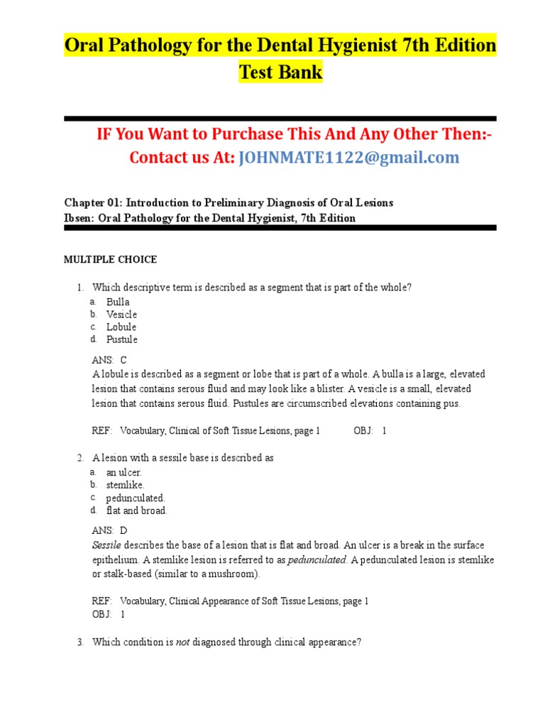 Oral Pathology For The Dental Hygienist 7th Edition Test Bank | PDF ...