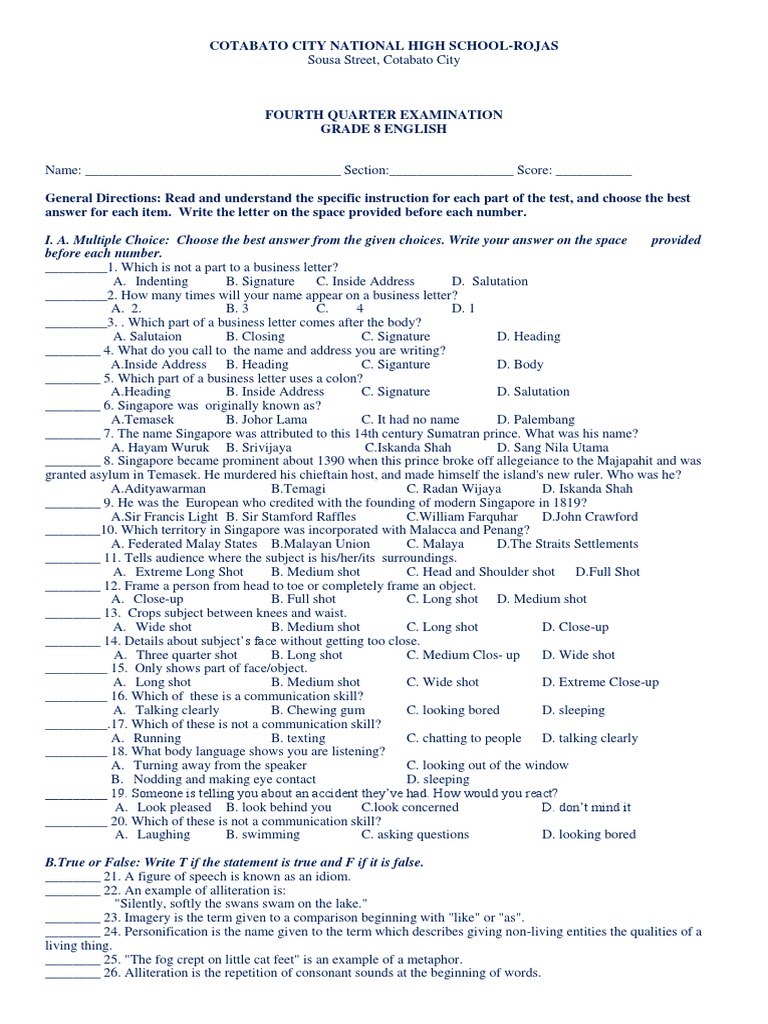 4th Quarter Exam Grade 8 English | PDF