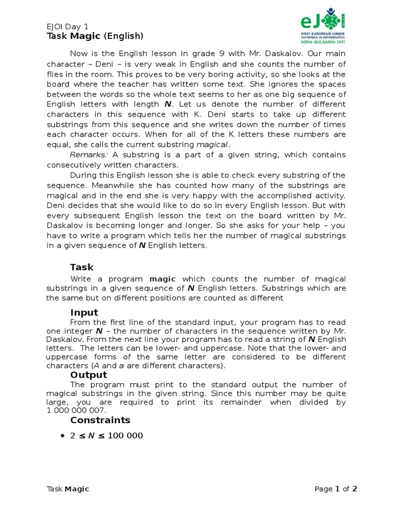 Task Magic (English) : Remarks: A Substring Is A Part of A Given String, Which Contains | PDF ...