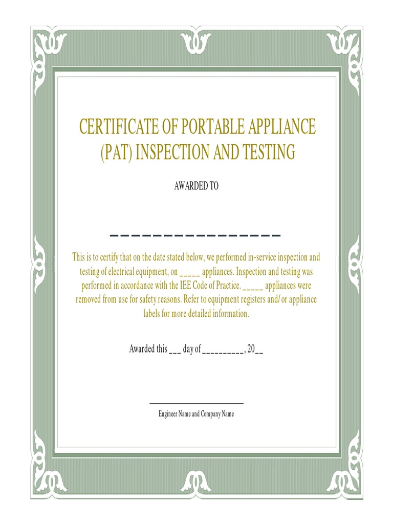 Certificate of Portable Appliance Testing Inspection Results for ...
