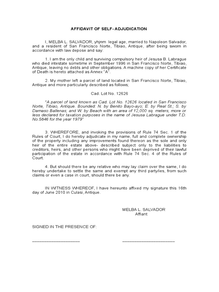 Affidavit of Self-Adjudication | PDF | Inheritance | Civil Law (Legal ...