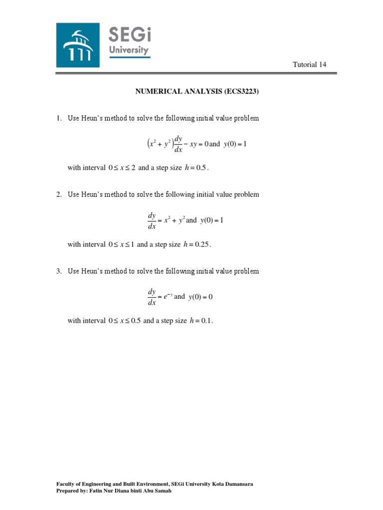 Solving Differential Equations Using Heun's Method: A Tutorial on Numerical Analysis Problems | PDF