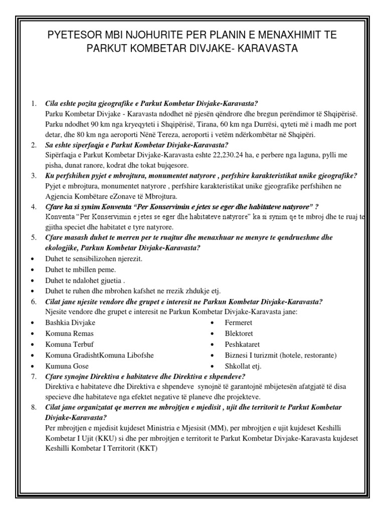 Pyetjet Per Konkursin e Parkut Kombetar Divjake-Karavasta | PDF