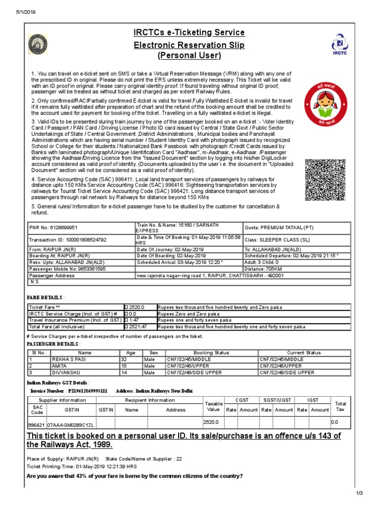 Irctcs E-Ticketing Service Electronic Reservation Slip (Personal User) | Download Free PDF ...