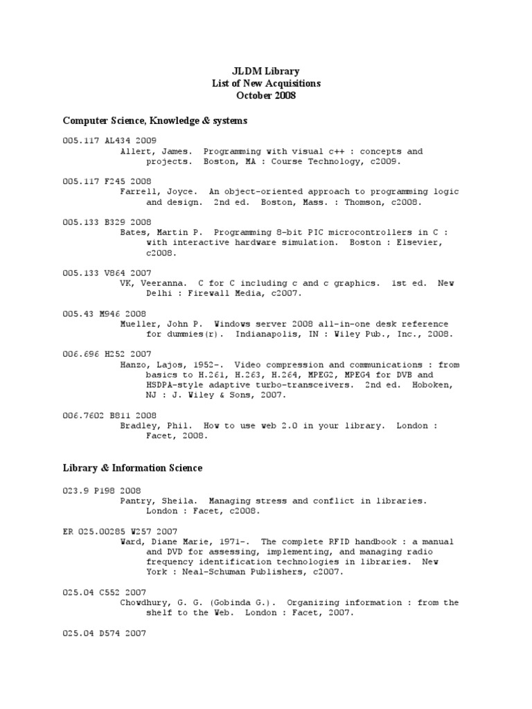 JLDM Library List of New Acquisitions October 2008 Computer Science ...