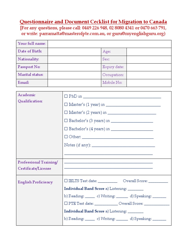 Canadian Migration Questionnaire | PDF | Business