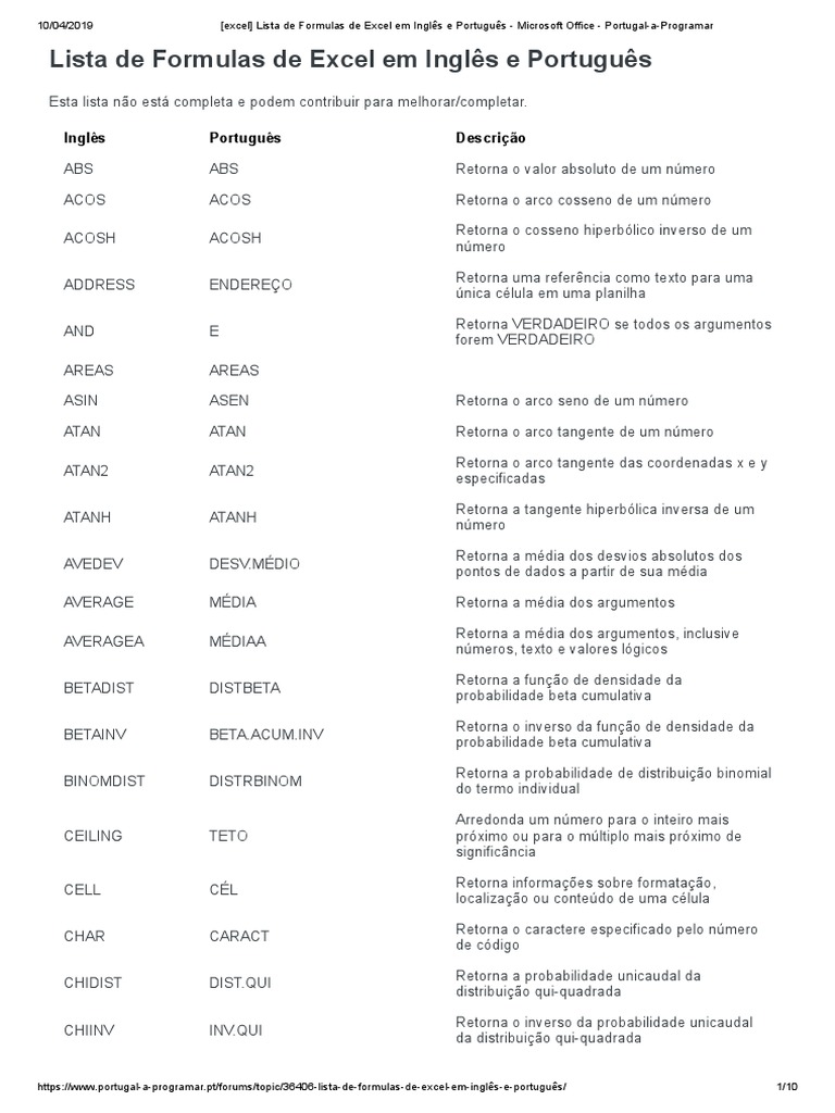 Lista de Formulas de Excel em Inglês e Português - Microsoft Office ...