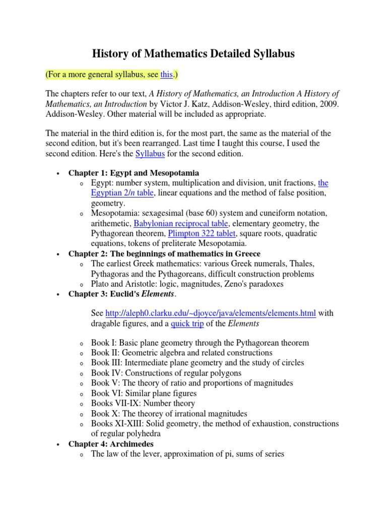 History of Mathematics Detailed Syllabus | PDF | Geometry | Teaching ...