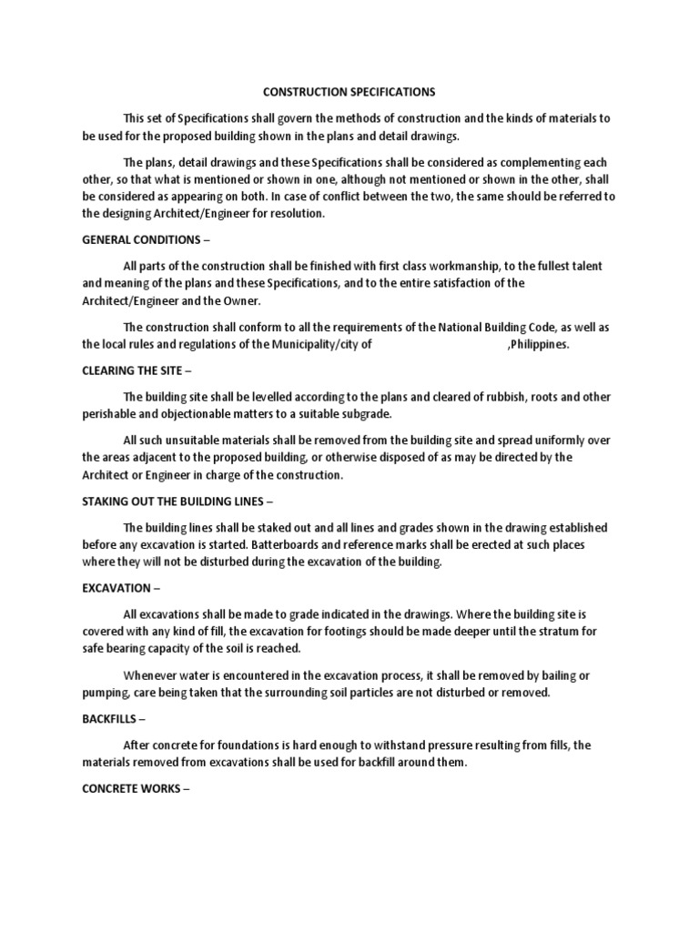 Construction Specifications | PDF | Framing (Construction) | Concrete