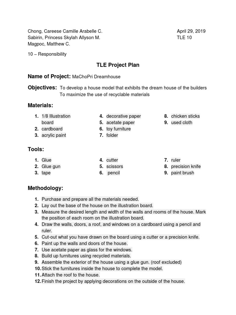 TLE Project Plan Name of Project: Objectives | PDF