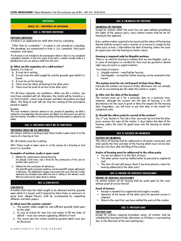 Motions Sec 4. Hearing of Motion: Pro Forma Not | PDF | Pleading ...