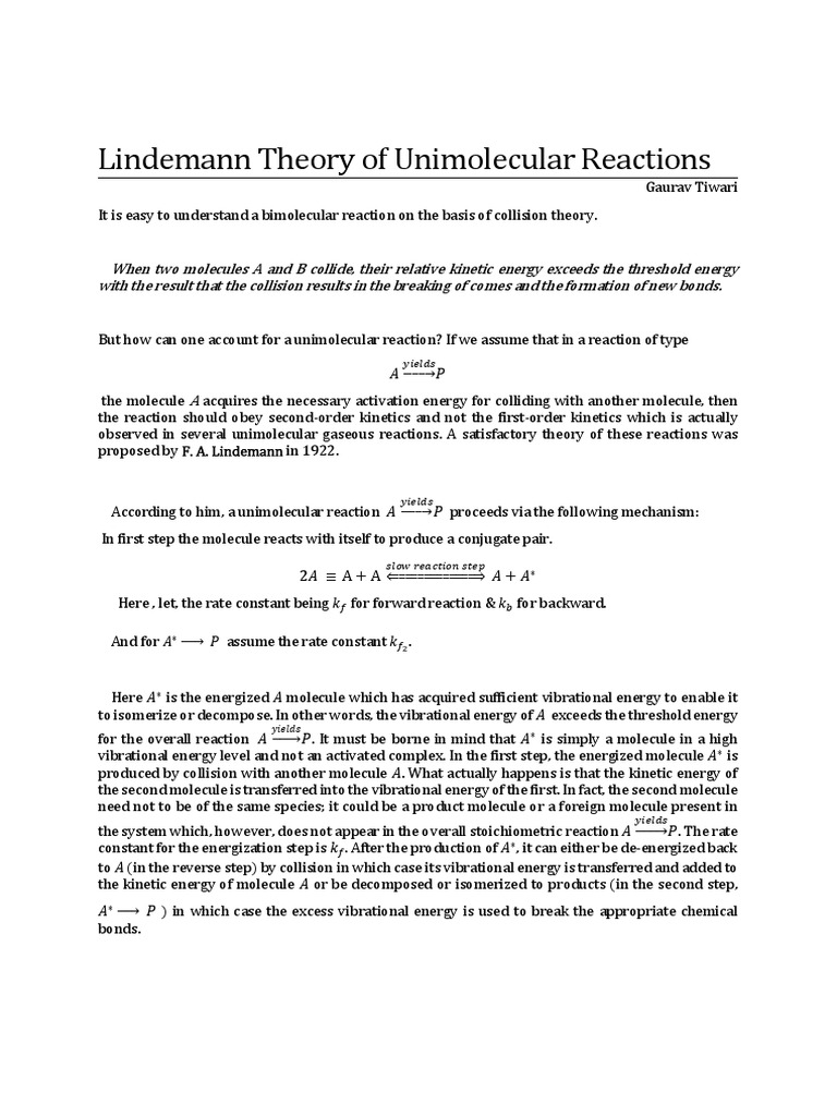 Lindemann Theory of Unimolecular Reactions PDF | PDF | Reaction Rate ...