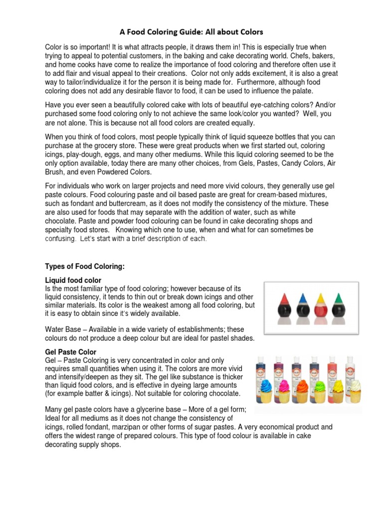 A Food Coloring Guide: All About Colors | PDF | Cakes | Foods