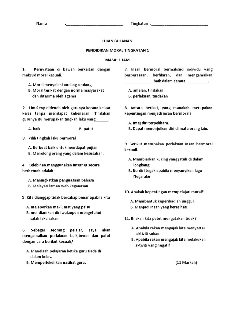 Ujian Bulanan Moral Form 1 | PDF