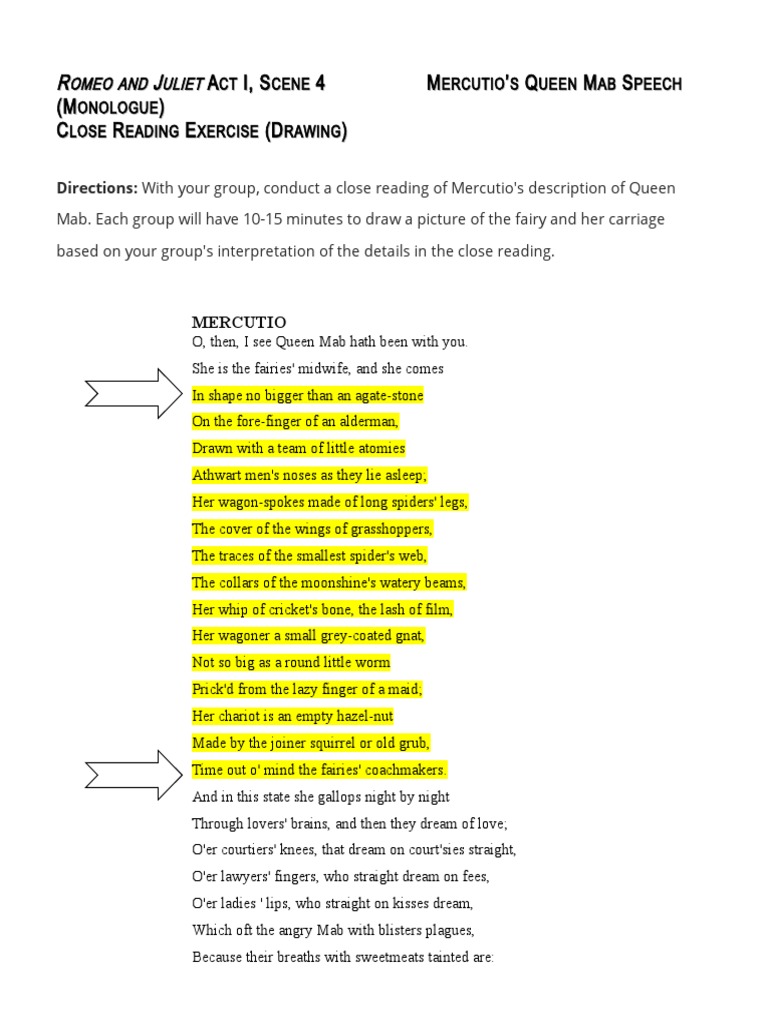 Queen Mab Close Reading Exercise | PDF | Queens | Romeo And Juliet
