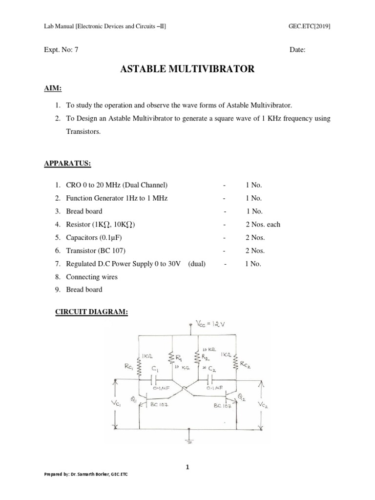 Expt - 7 :transistorized Astable Multivibrator | PDF | Electrical Components | Electronics