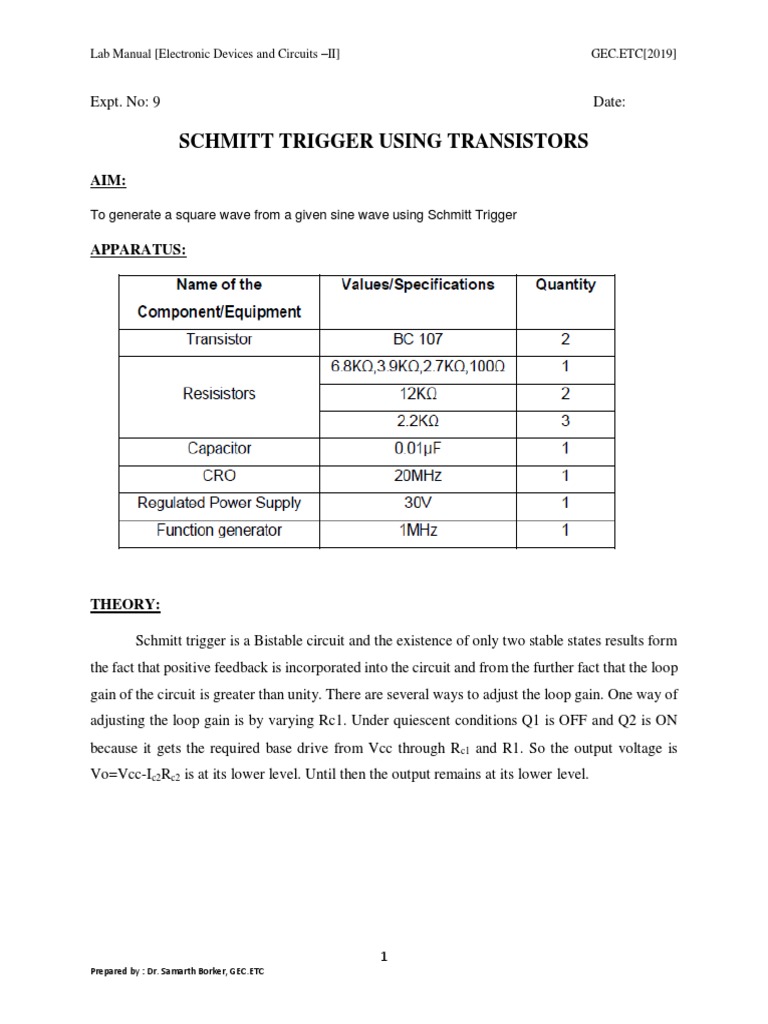 Expt - 9: Transistorized Schmitt Trigger | PDF | Electronic Circuits | Computer Engineering