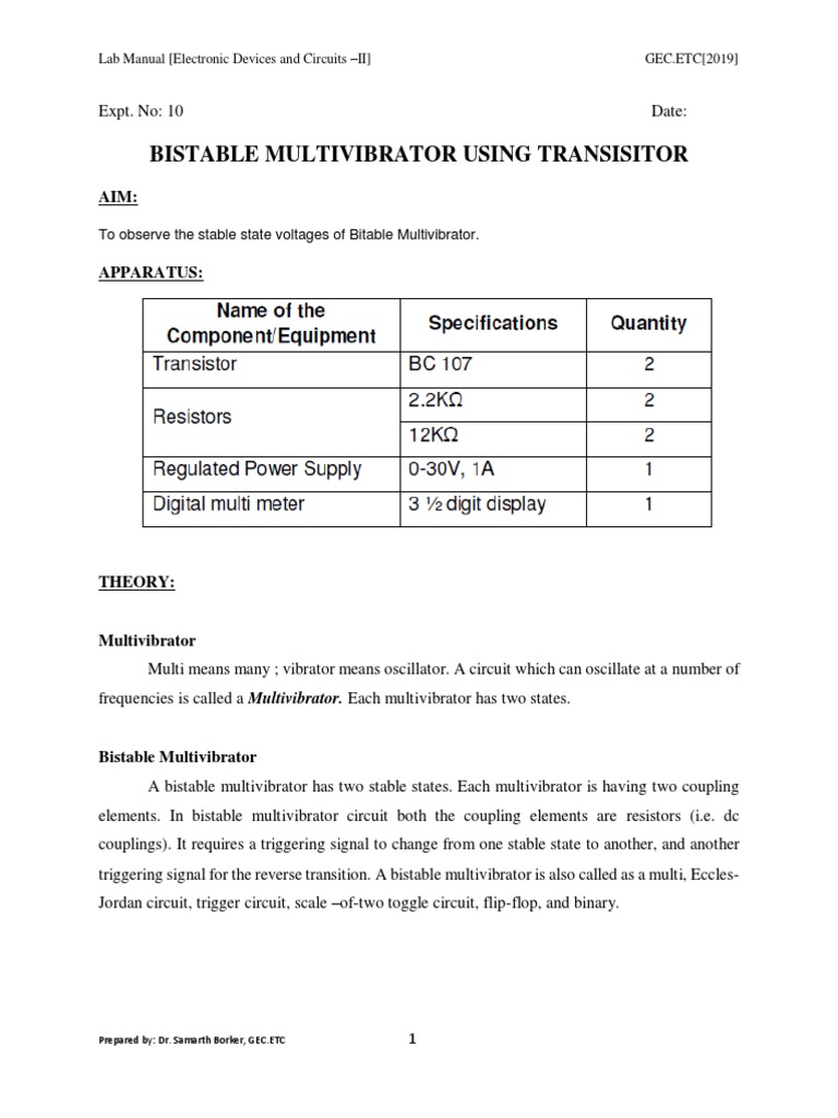 Expt 10 Bistable Multivibrator | PDF | Analog Circuits | Electronic Circuits