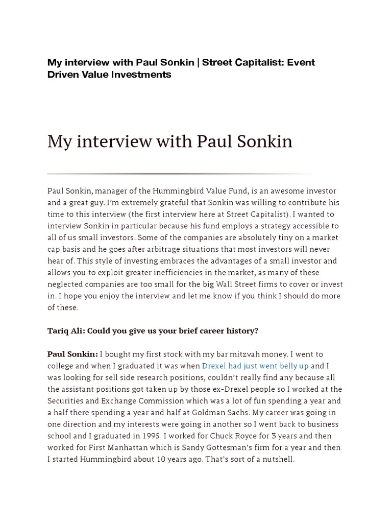 Interview with Paul Sonkin on Value Investing | PDF | Arbitrage | Stocks