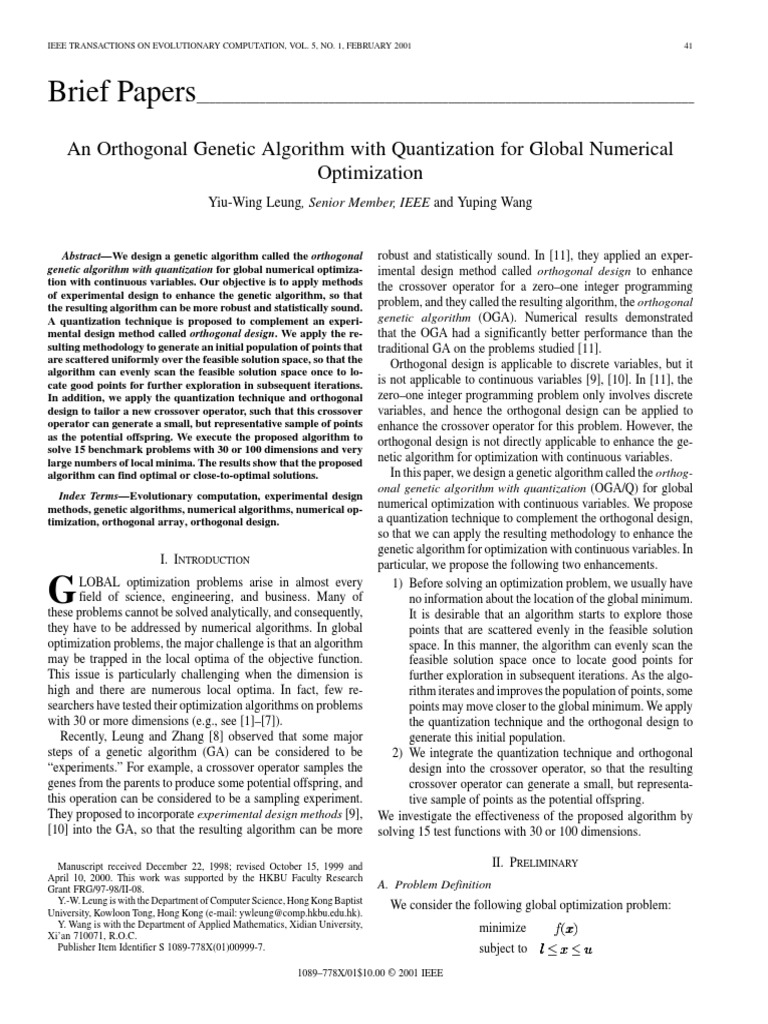 Brief Papers: An Orthogonal Genetic Algorithm With Quantization For Global Numerical ...