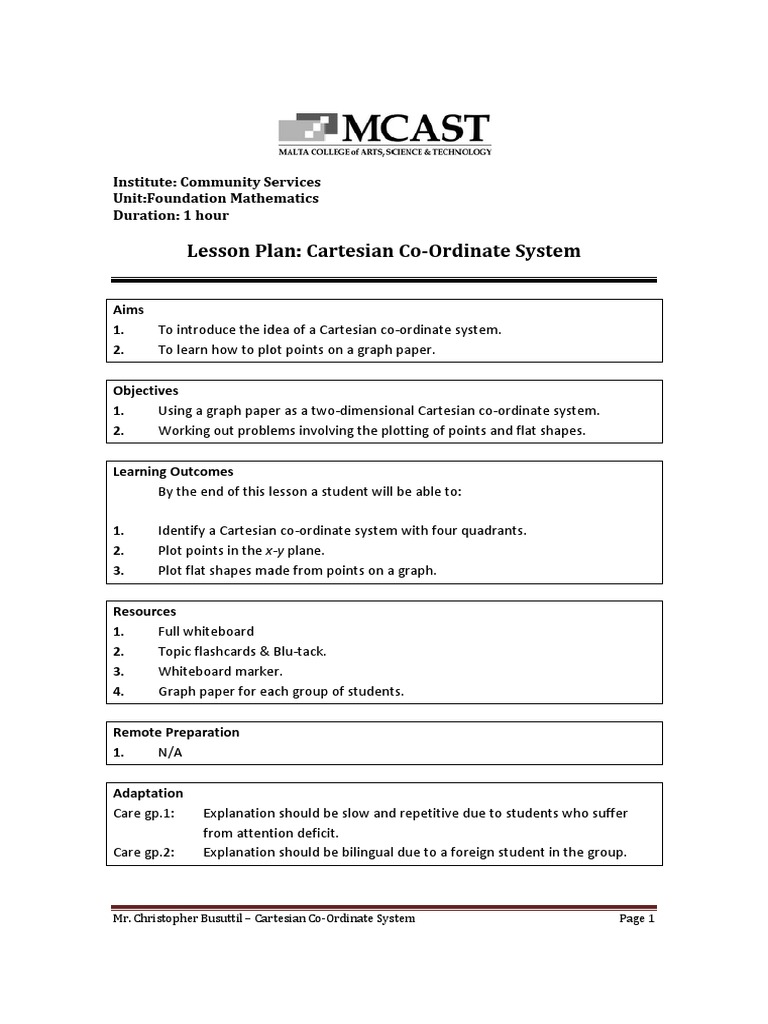 Lesson PL Lesson Plan: Cartesian Co-Ordinate System Ordinate System ...