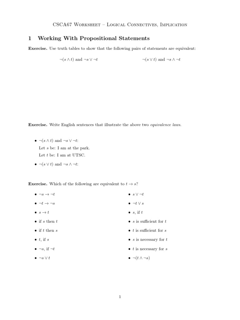 1 Working With Propositional Statements: CSCA67 Worksheet - Logical ...