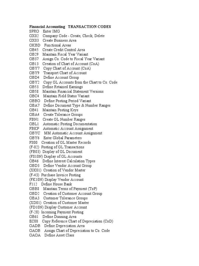 Financial Accounting TRANSACTION CODES | PDF | Invoice | Inventory