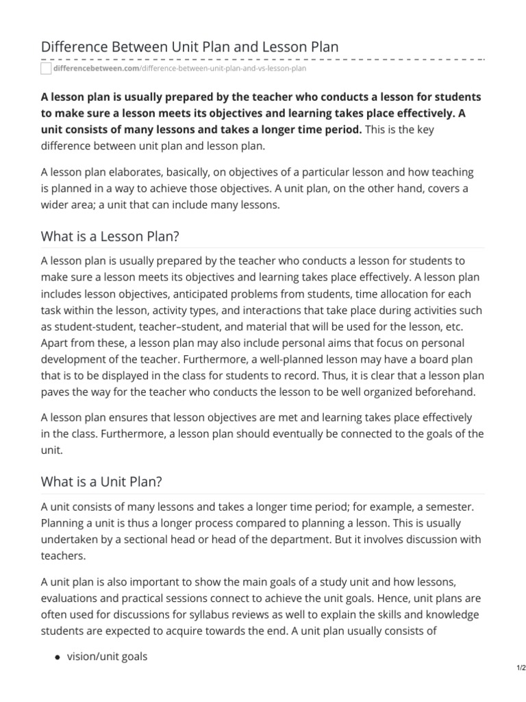 Difference Between Unit Plan and Lesson Plan PDF | PDF | Lesson Plan | Education Theory