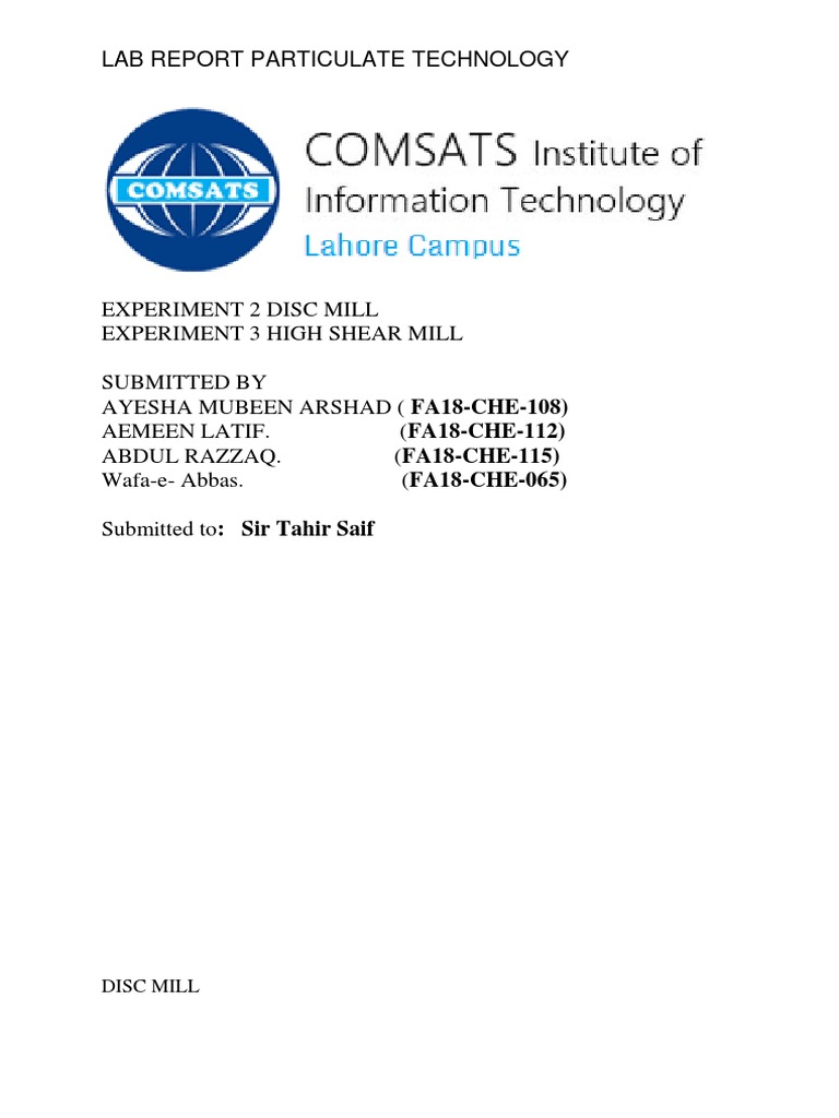 Disc and High Shear Mill Lab Report | PDF | Mill (Grinding) | Nature