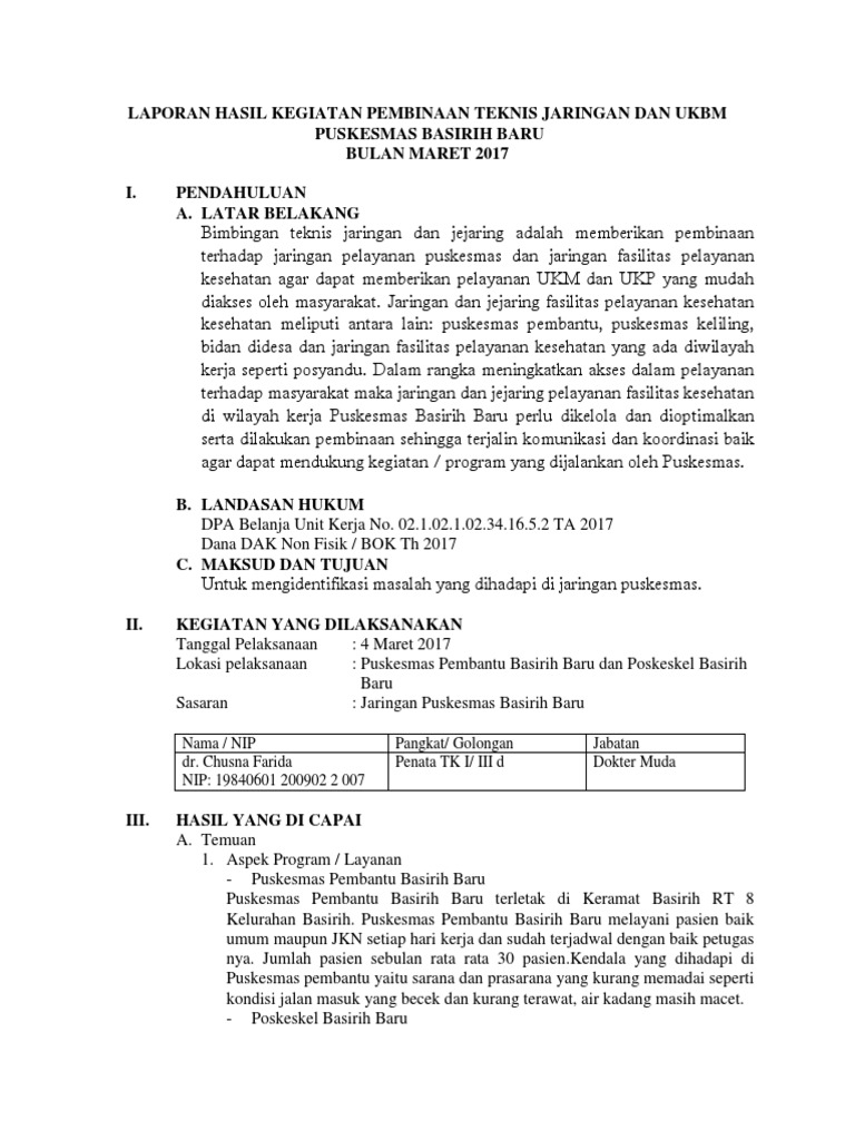 Laporan Hasil Kegiatan Pembinaan Teknis Jaringan Dan Ukbm | PDF