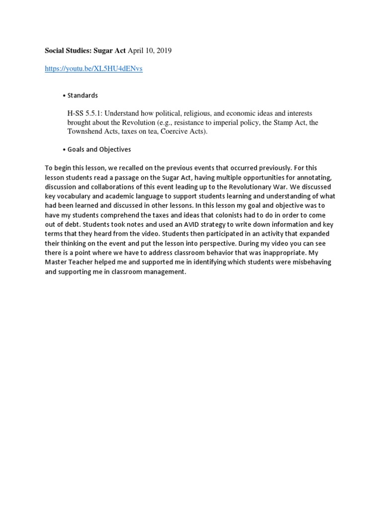 American Revolution Sugar Act Lesson Plan | PDF