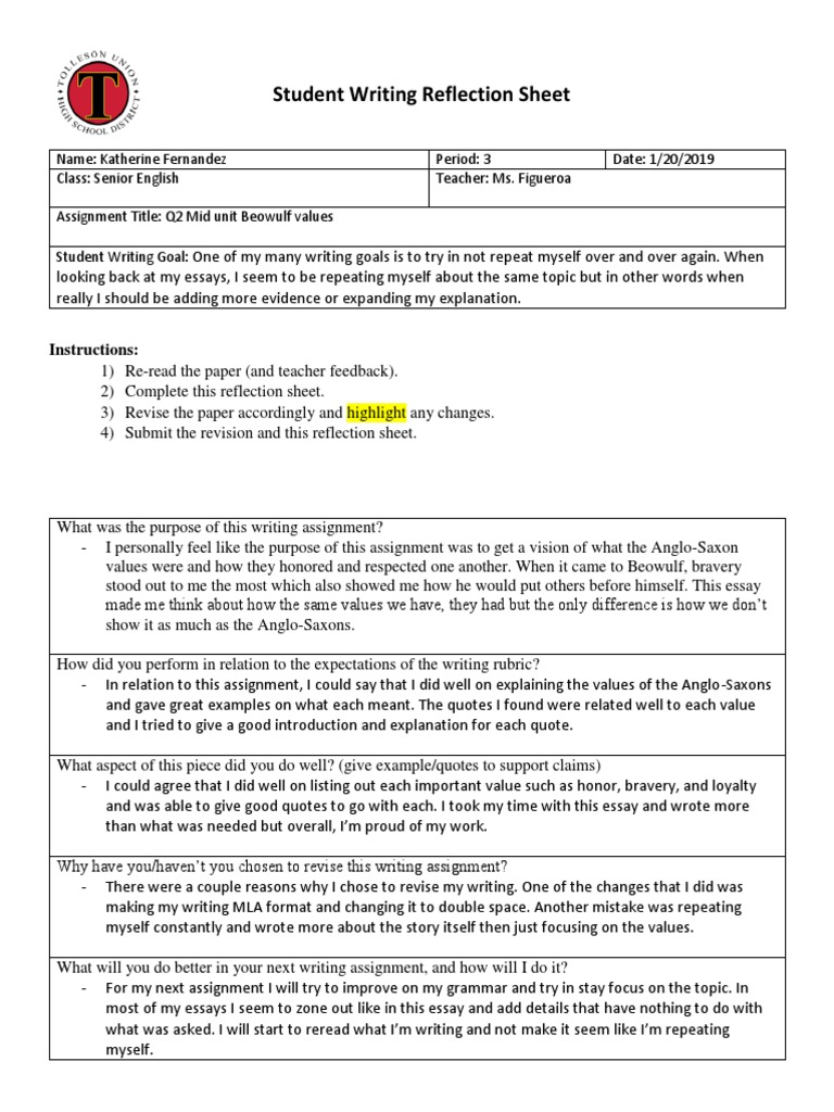 Beowulf Values Reflection Sheet | PDF | Essays | Behavior Modification