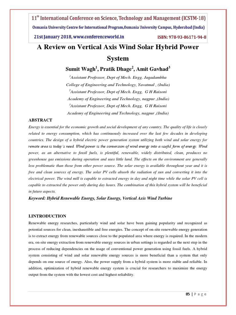 A Review On Vertical Axis Wind Solar Hybrid Power System: Sumit Wagh ...