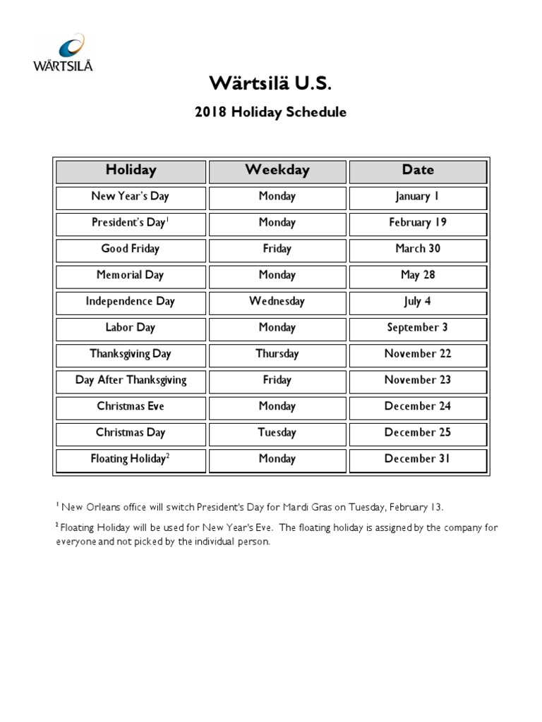 Wärtsilä U.S.: 2018 Holiday Schedule | PDF