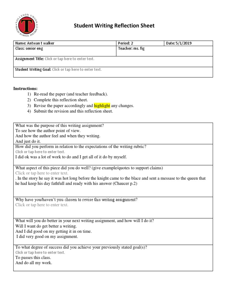 Student Writing Reflection Sheet: Instructions | PDF