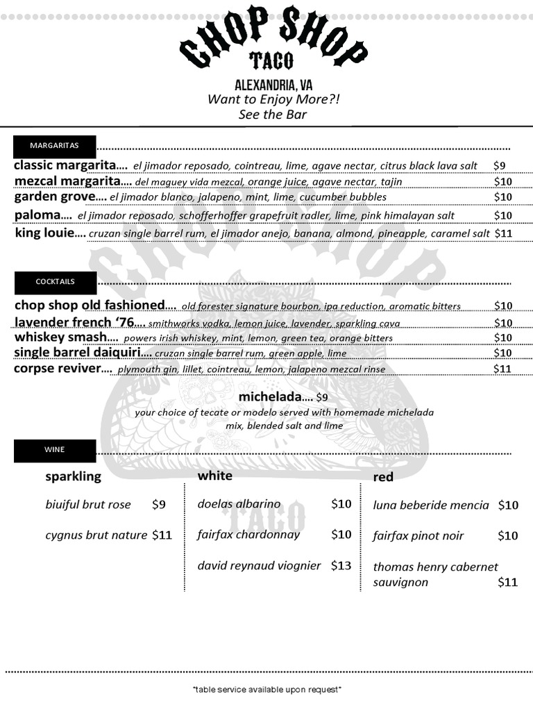 Chop Shop Bar & Grill Menu Highlights | PDF | Brewing | Malt Based Drinks