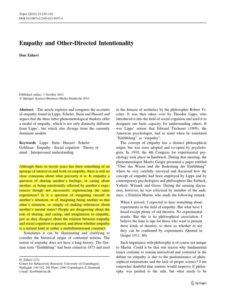 Empathy and Other-Directed Intentionality (Zavahi) | PDF | Empathy | Phenomenology (Philosophy)