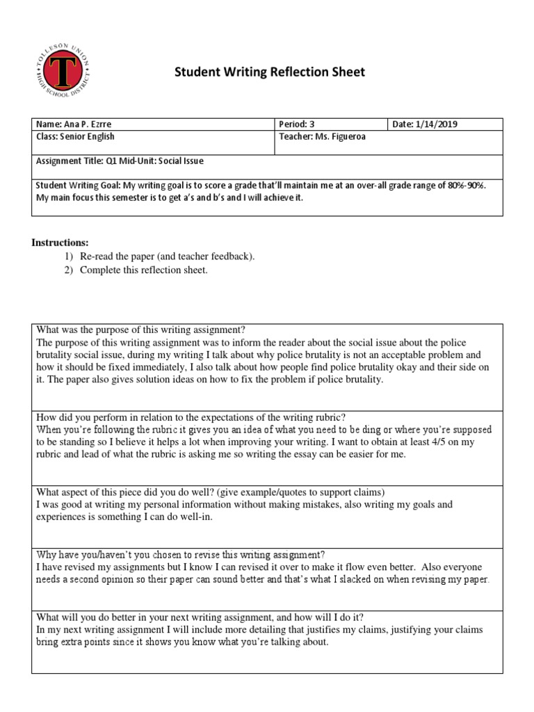 q1 End of Unit Reflection Sheet | PDF | Rubric (Academic) | Goal