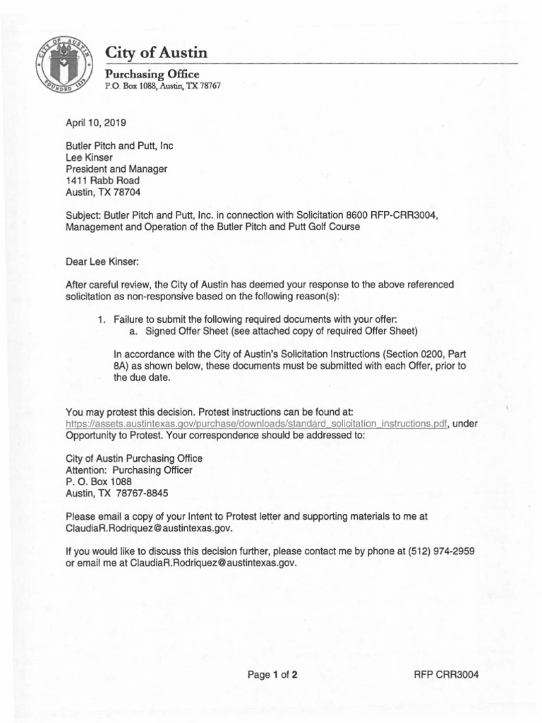 Butler Pitch & Putt disqualification letter | Request For Proposal ...