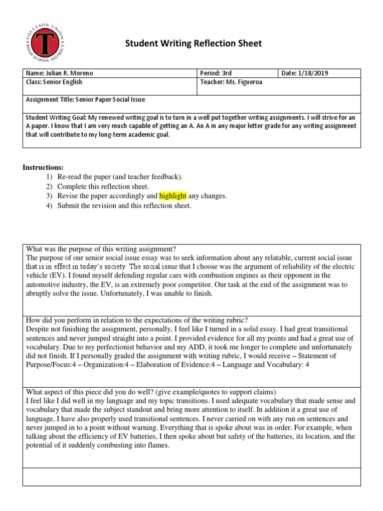 Senior Portfolio Reflection Sheet Social Issue | PDF | Goal | Essays