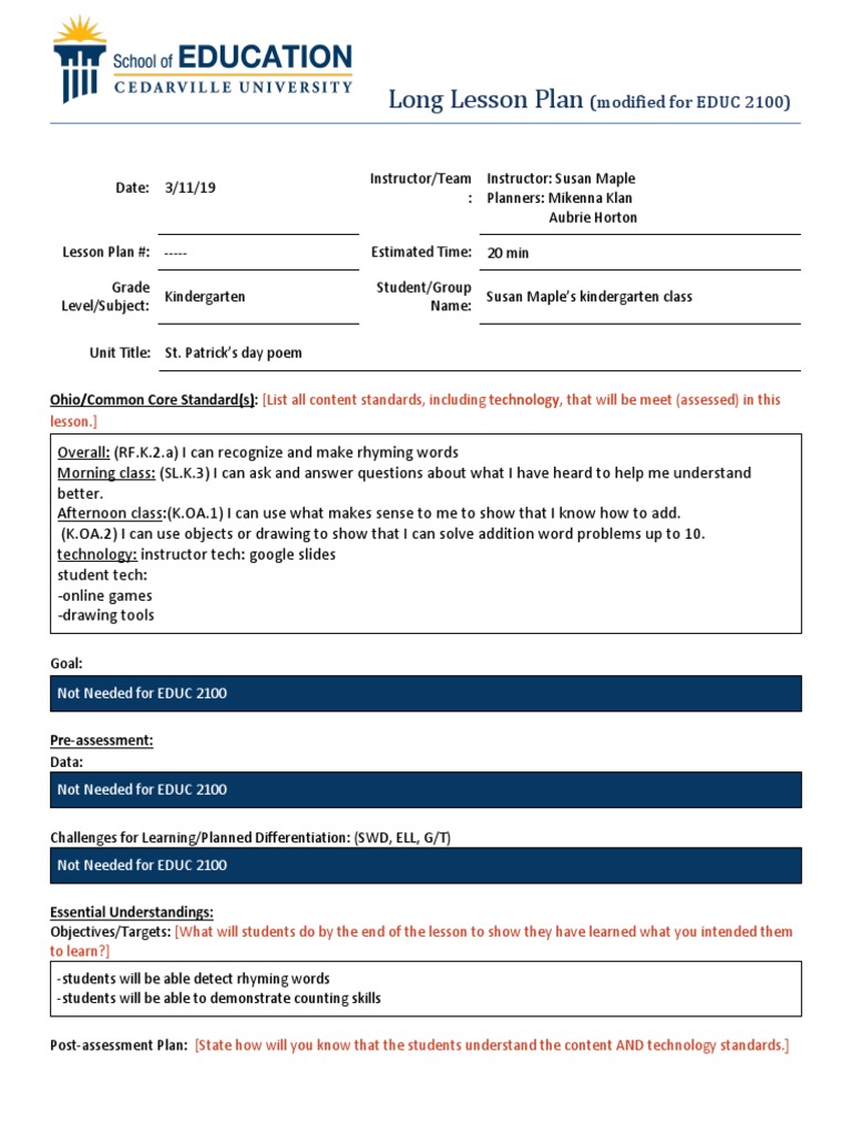 Long Lesson Plan: (Modified For EDUC 2100) | PDF | Cognitive Science ...