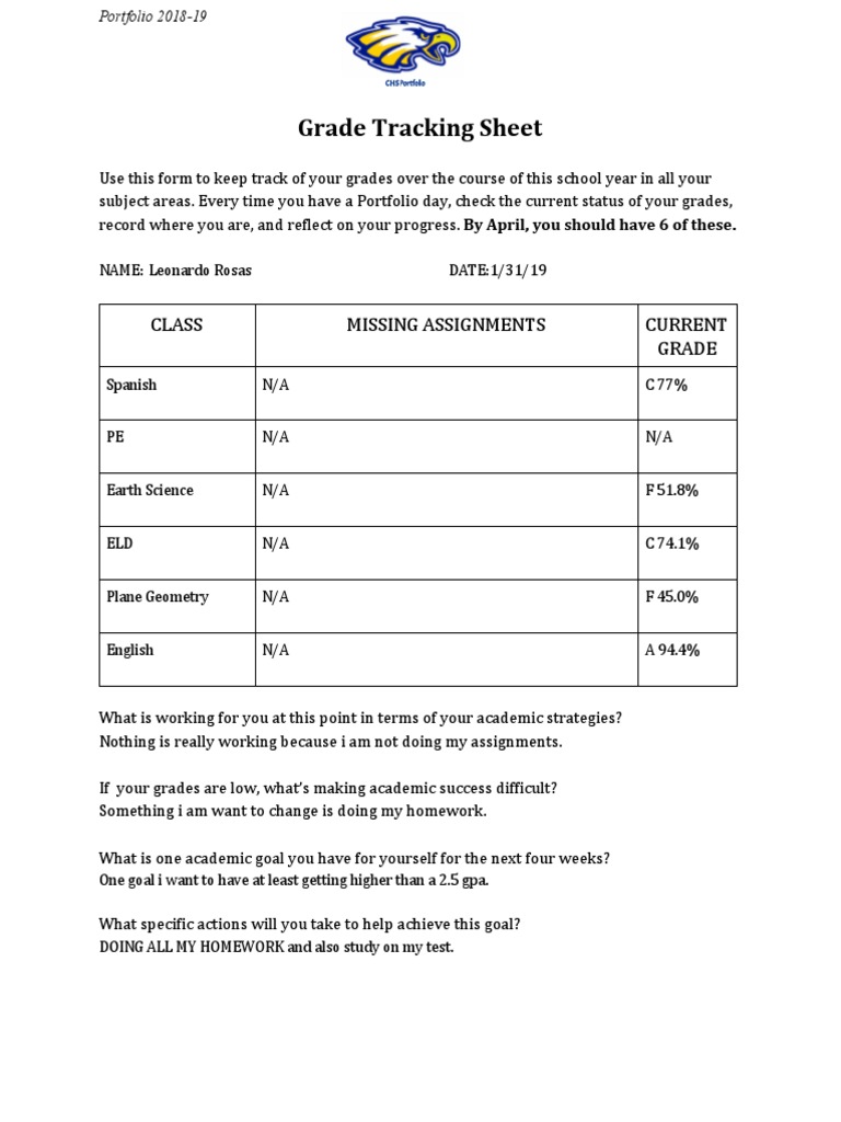 January Grade Tracking Sheet | PDF