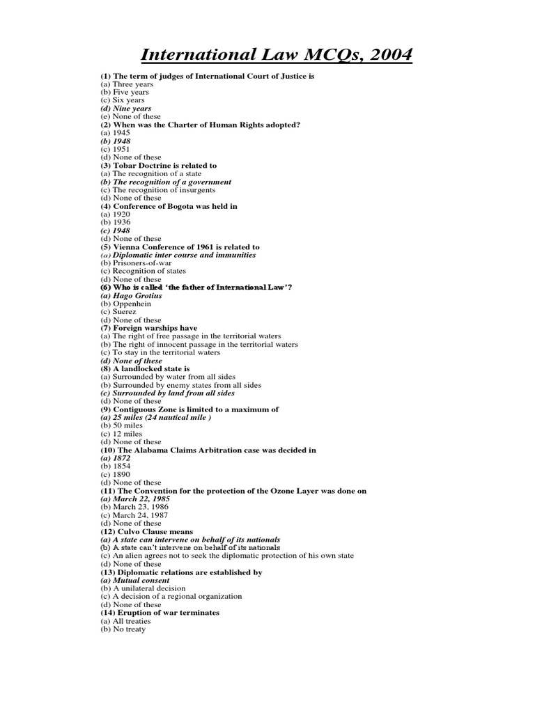 International Law MCQs | PDF | International Law | Territorial Waters