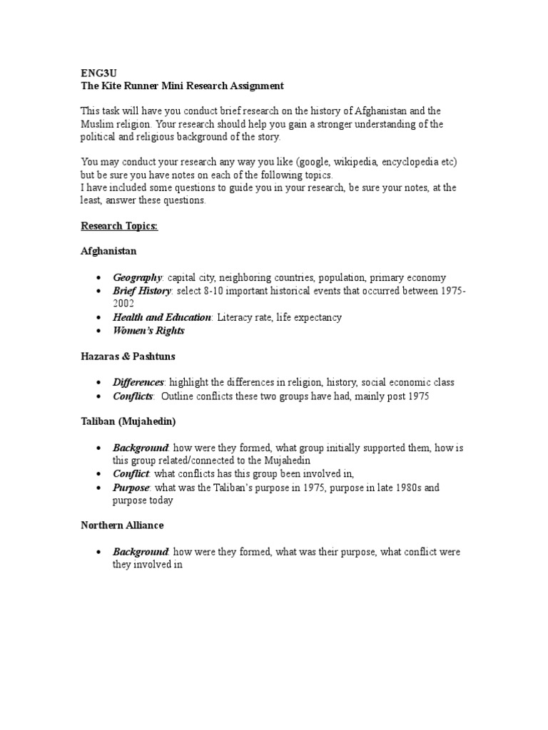Eng3U The Kite Runner Mini Research Assignment | PDF | Afghanistan ...