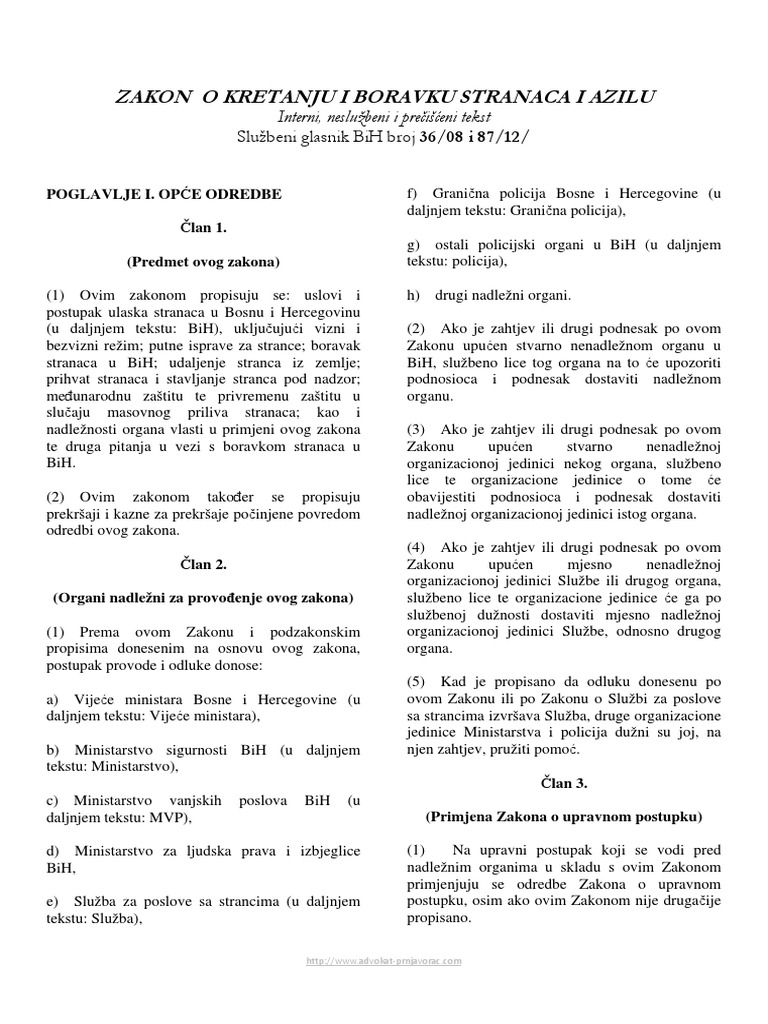 Zakon o Kretanju I Boravku Stranaca I Azilu BiH | PDF