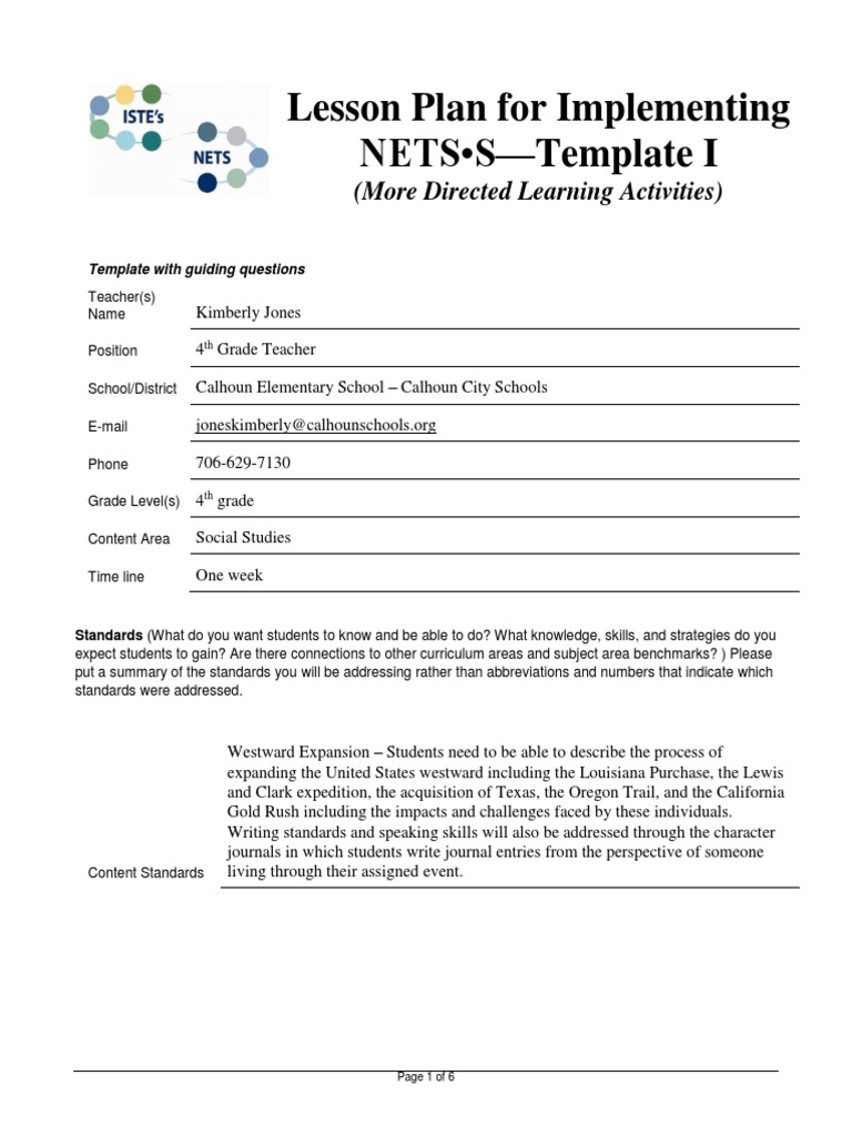 Lesson Plan For Implementing NETS - S-Template I: (More Directed ...